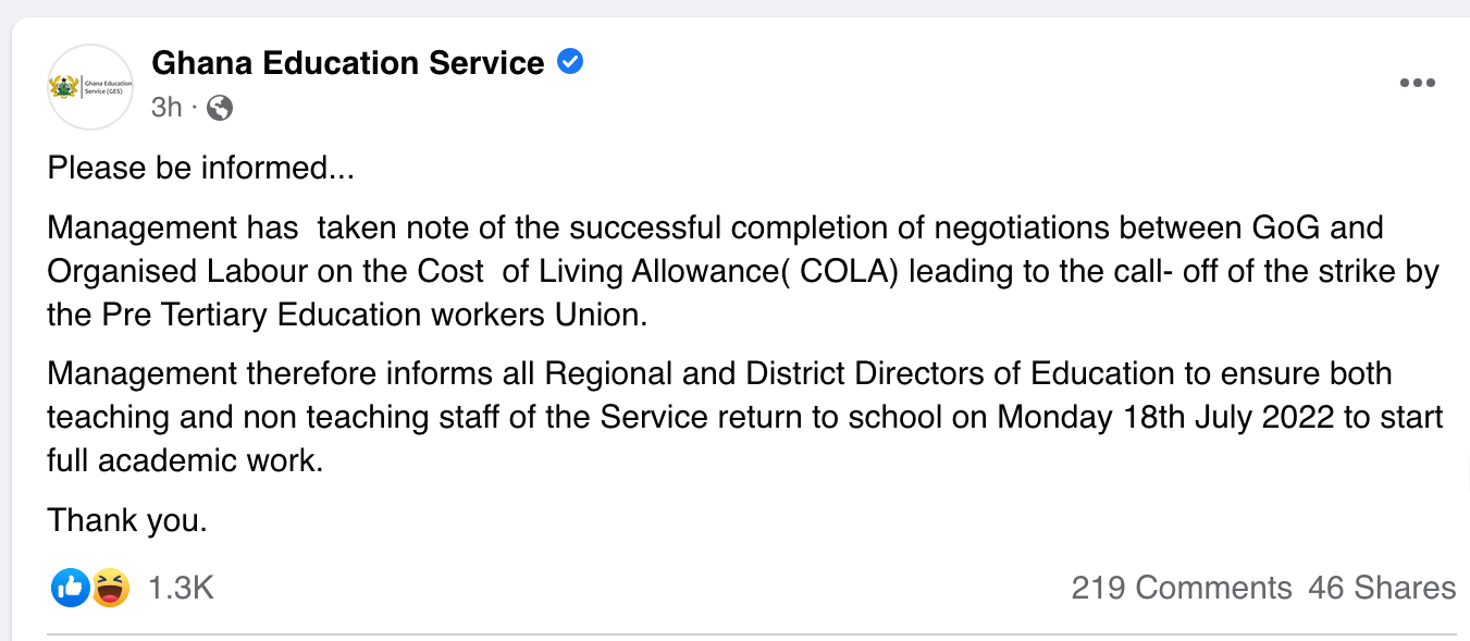 GES Official Update On COLA Strike - 15th July 2022