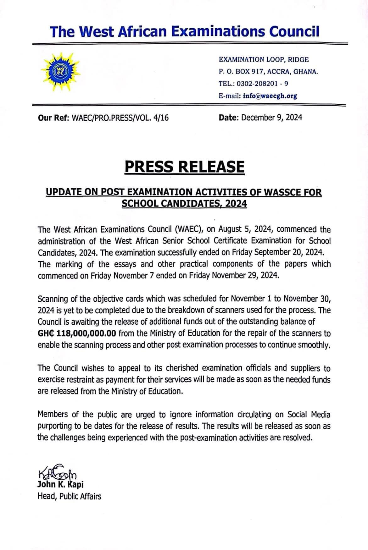 WAEC Update On the Release of WASSCE 2024 School Candidate Results ...